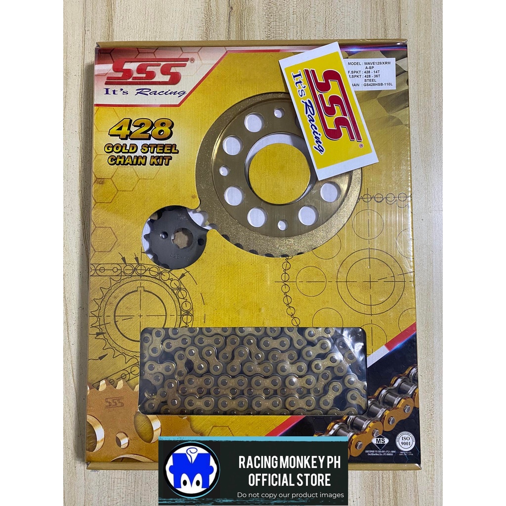 Original SSS Sprocket Chain Set 14T-36T 428H-110L STEEL GOLD (Wave 125 ...