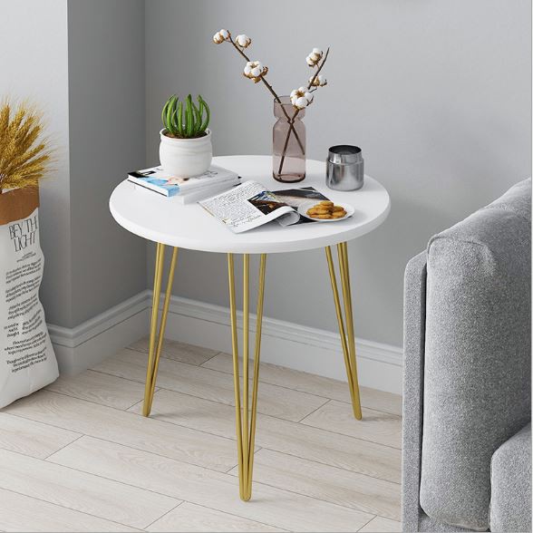 Side Table White mdf wood desk Gold metal Pin Legs 40*41cm (white/Gold ...