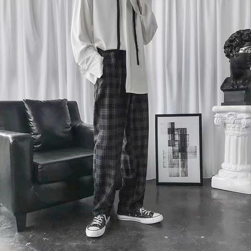 Men's Plaid Straight Hanbok College Pants Student Casual Ankle Fashion ...