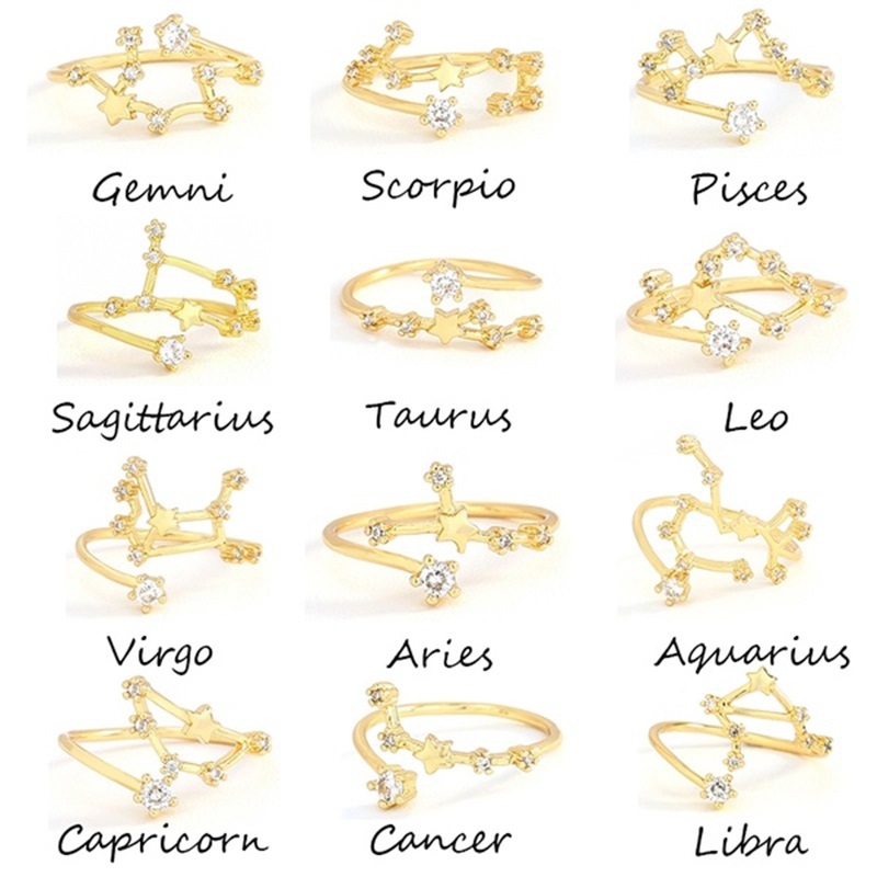 12 Constellations Zodiac Sign Finger Rings RoseGold Adjustable Zirconia ...