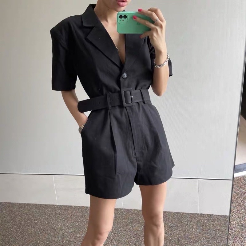 PLAIN cargo polo elegant classy semi formal puff sleeves casual tie belt romper jumpshort ...