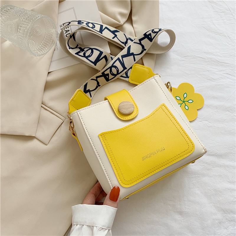 Fashion wide shoulder strap bucket color contrast women's bag new ...