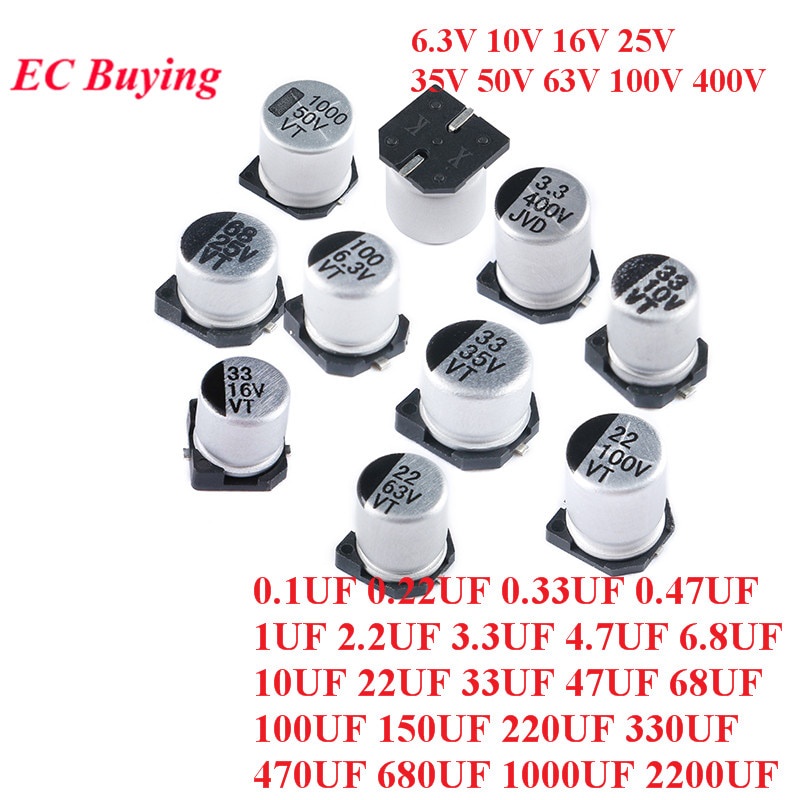 10pc SMD Aluminum Electrolytic Capacitor 6.3V 10V 16V 25V 35V 50V 63V 1UF 2.2UF 10UF 22UF 33UF ...
