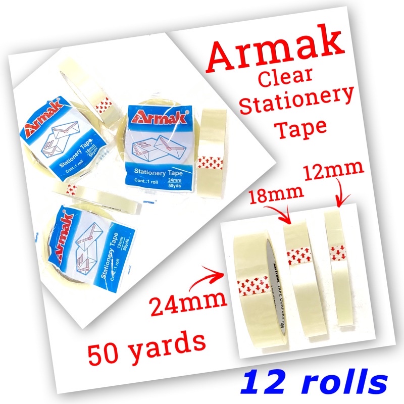 Armak Stationery Tape 50 meters 12 Rolls (12mm, 18mm, 24mm) | Shopee ...