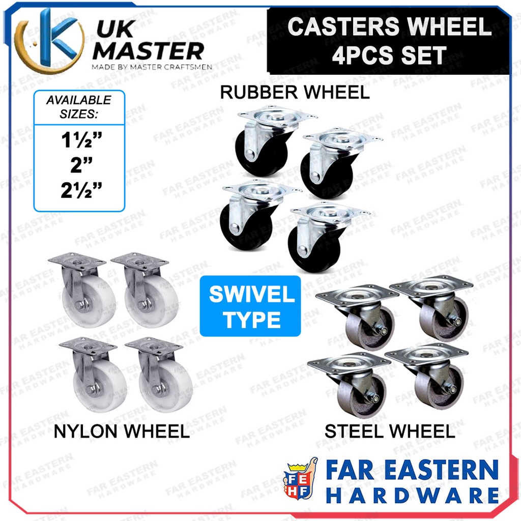 UK MASTER Rubber | Steel | Nylon Ball Bearing Caster Swivel Type Wheel ...