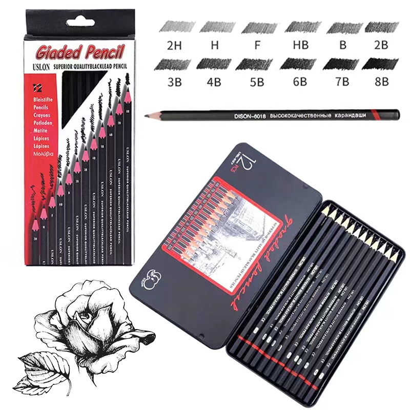 2H-8B Graphite Pencil Set of 12 PCS in Metal Box Professional Sketch ...