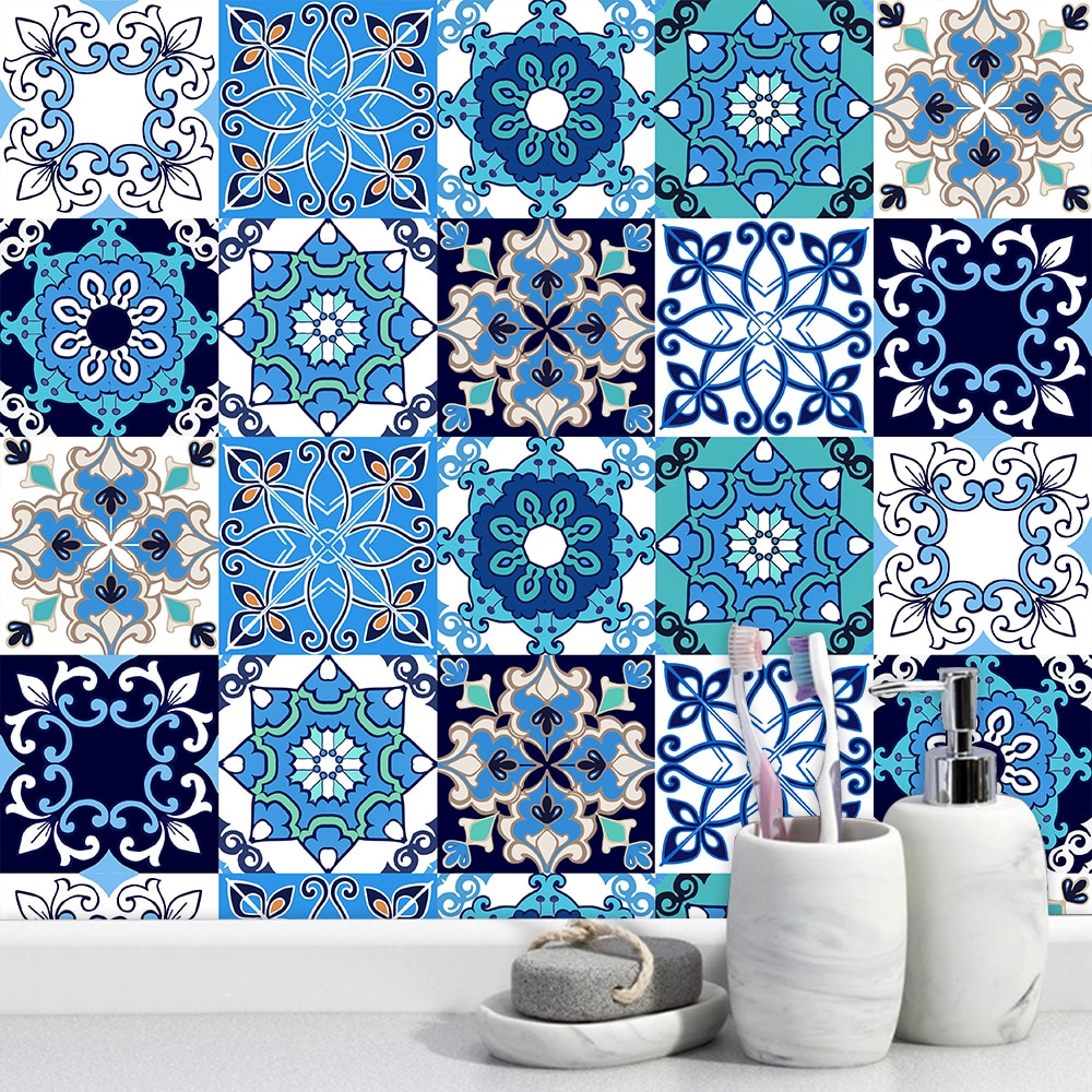 10pcs/set Blue & White Floral Ornament Crystal Hard Tiles Wall Sticker ...