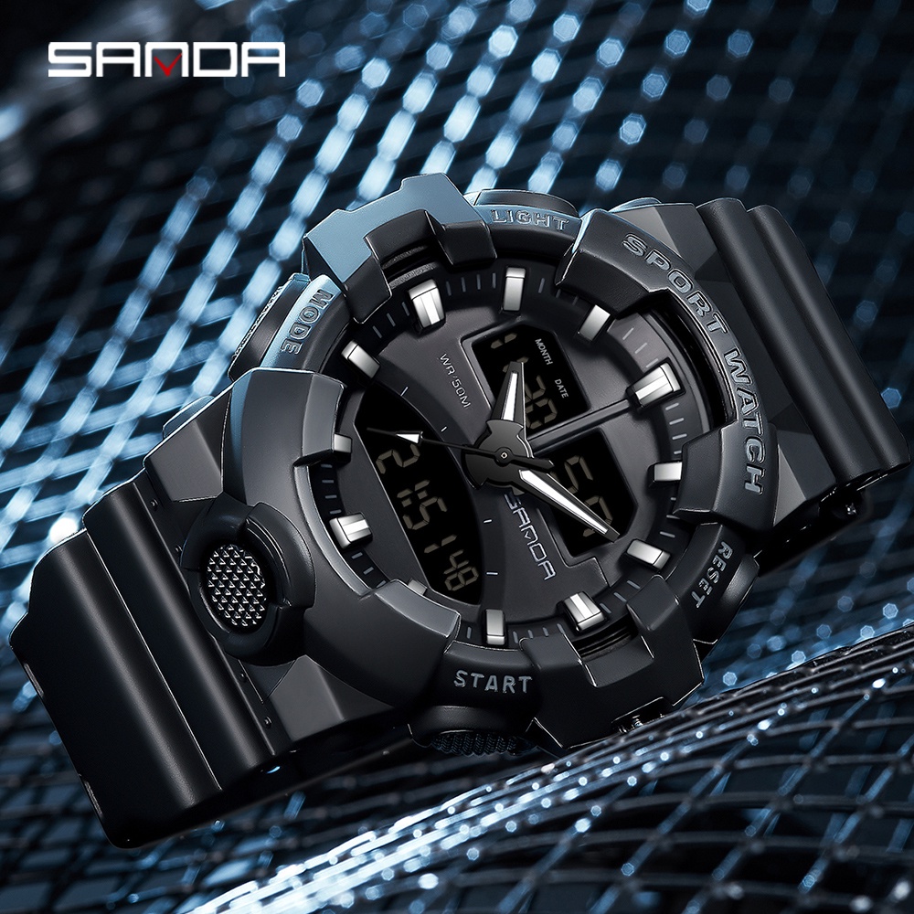SANDA Men's Watch Dual Display LED Digital Watch Calendar Chronograph ...