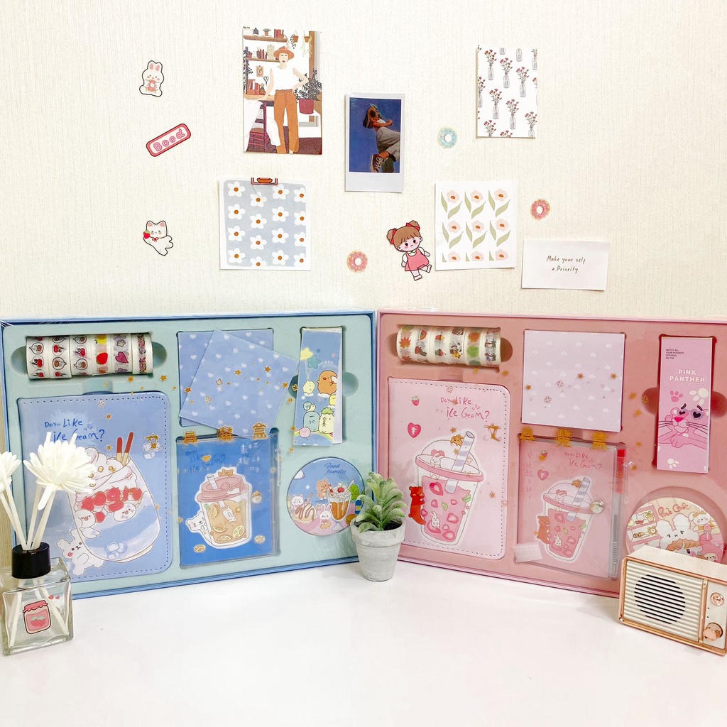 Journal BOBA MOTIF STATIONERY PACKAGE 6 in 1 CUTE NOTEBOOK MIRROR ...