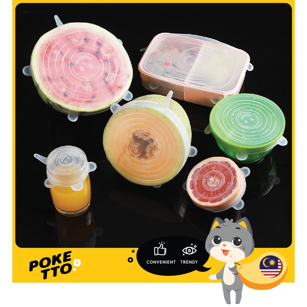 POKETTO Silicone Plastic Reusable Food Wrap Stretch Lid Cap (6pcs/Set ...