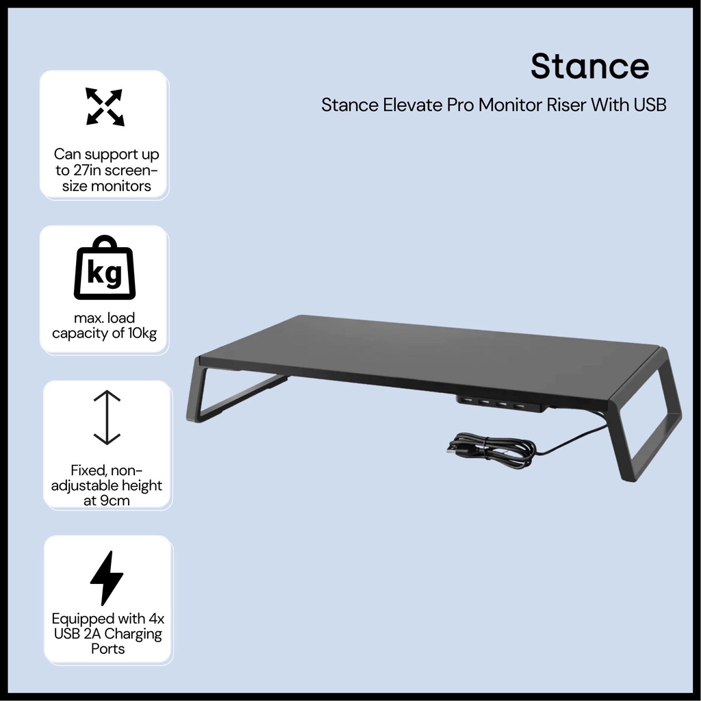 Stance Elevate Pro Monitor Riser Stand for Desk with 4 USB Ports- Space ...