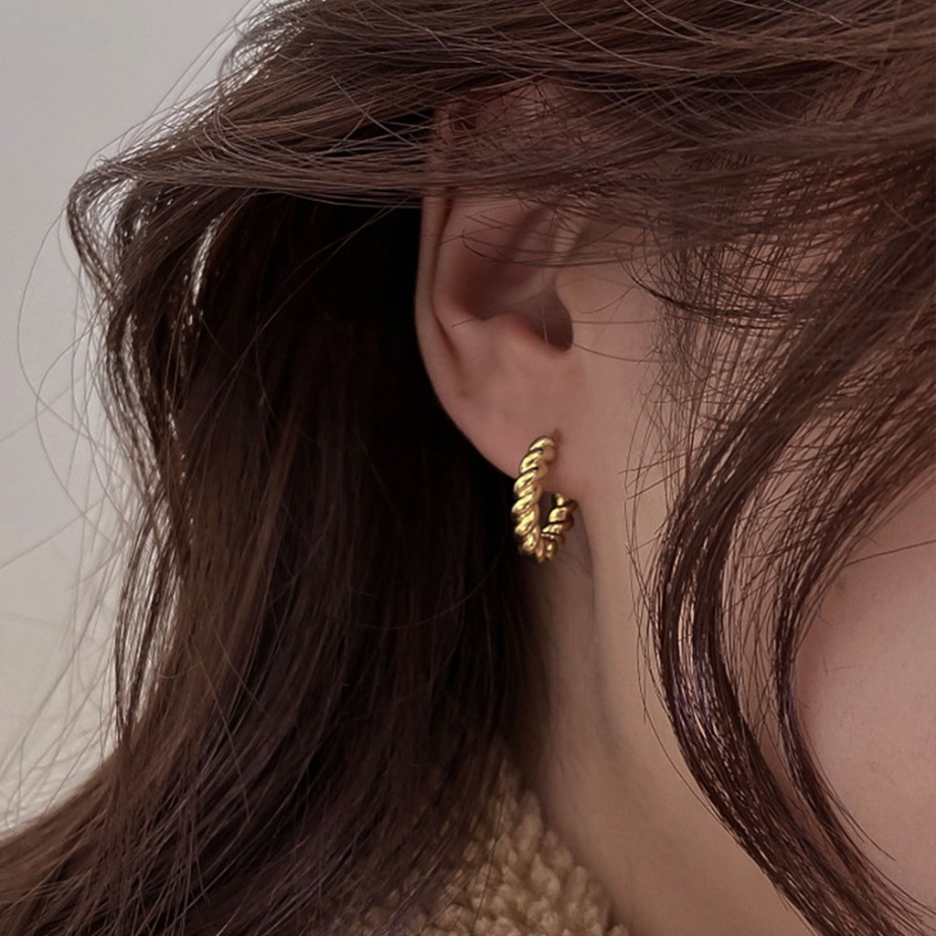 Sterling Silver Small Twist Earrings High-End French Metal Circle Cool Style Niche Mini Winding ...