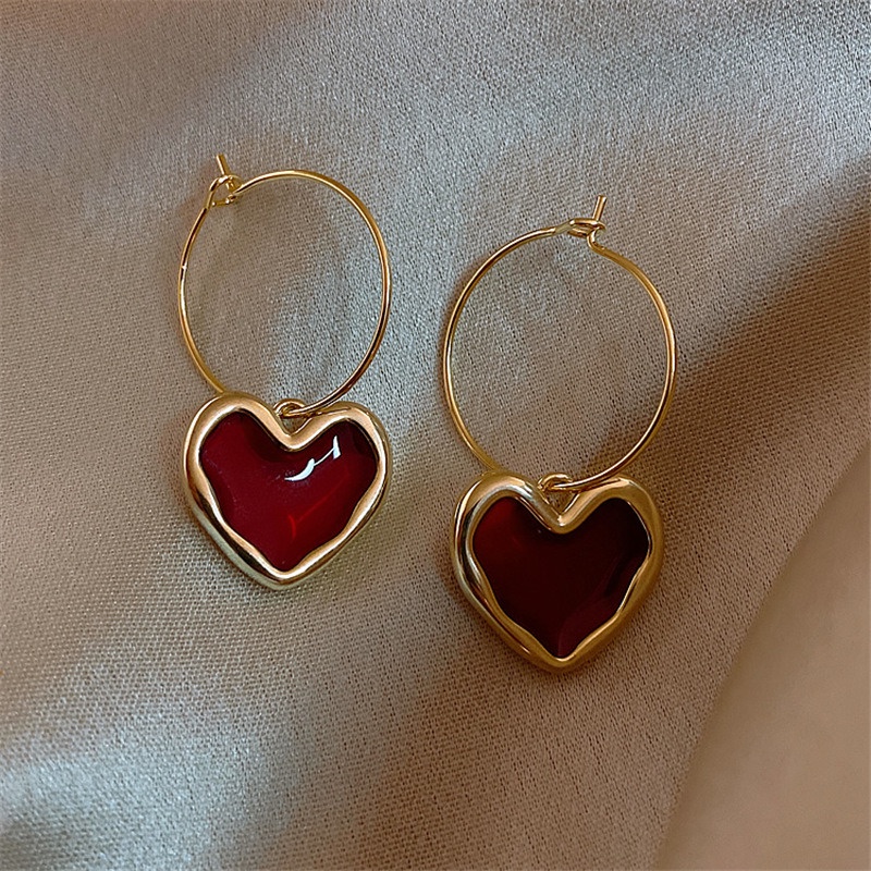 Sweet Burgundy Enamel Heart Earrings for Women Girl Gold Color Metal ...