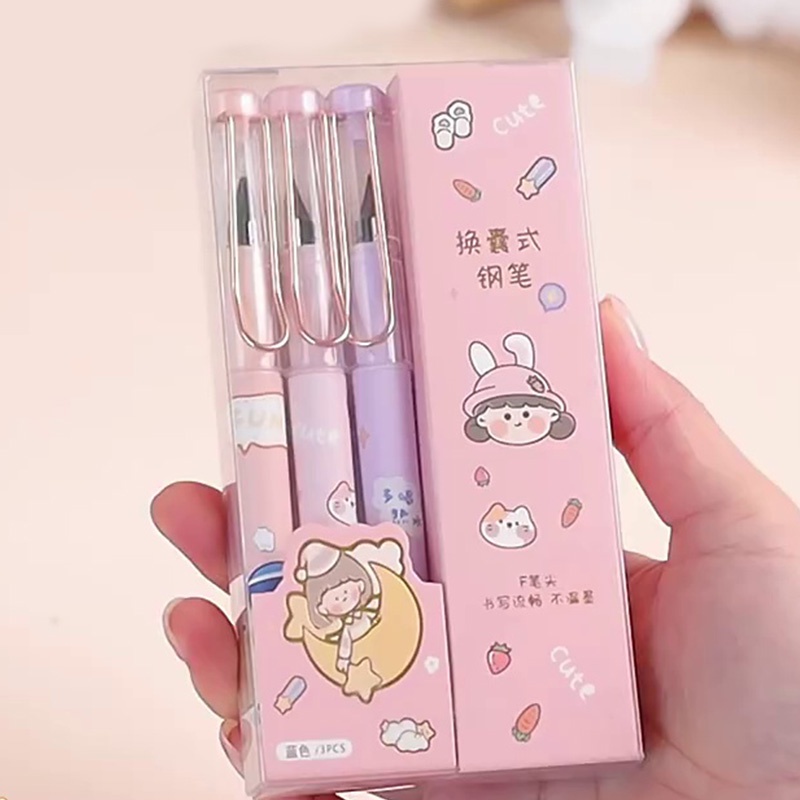 3 Pcs 0.38mm Cartoon Cute Replaceable Fountain Pen Set Black/Blue Ink ...