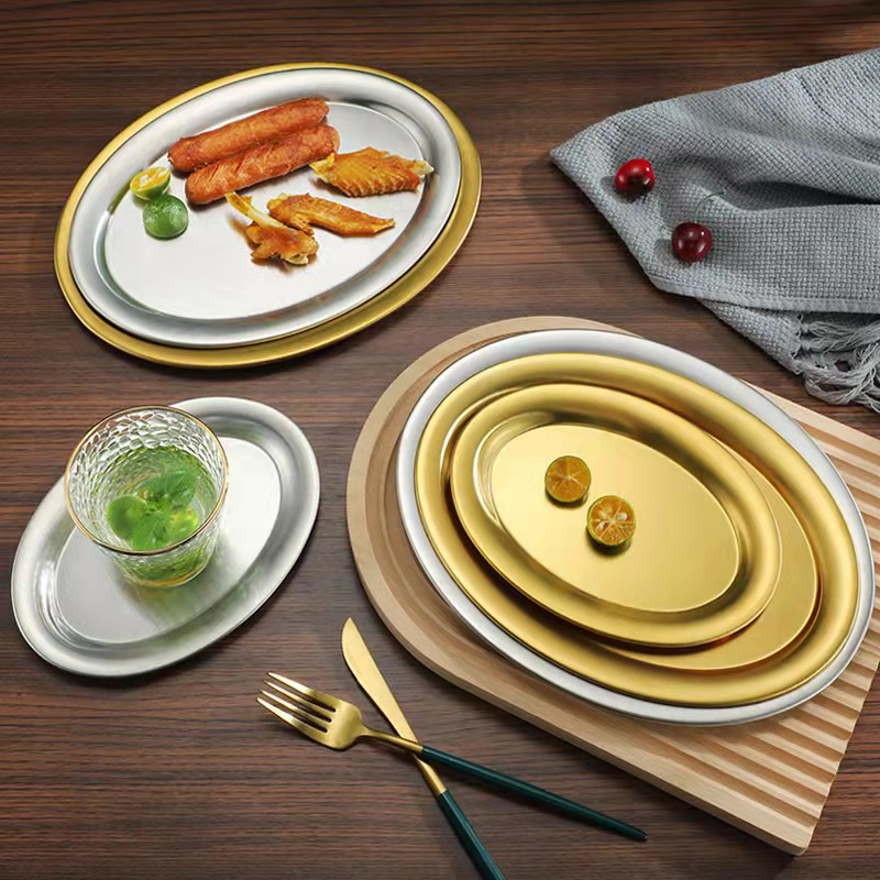 Stainless Steel Oval Golden Grill Plates Shallow Flat Bowls Fish Dish ...