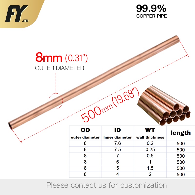 FUYI Copper tube 8mm outer diameter 500mm 1/2 metre length High Quality Straight Copper tubing ...