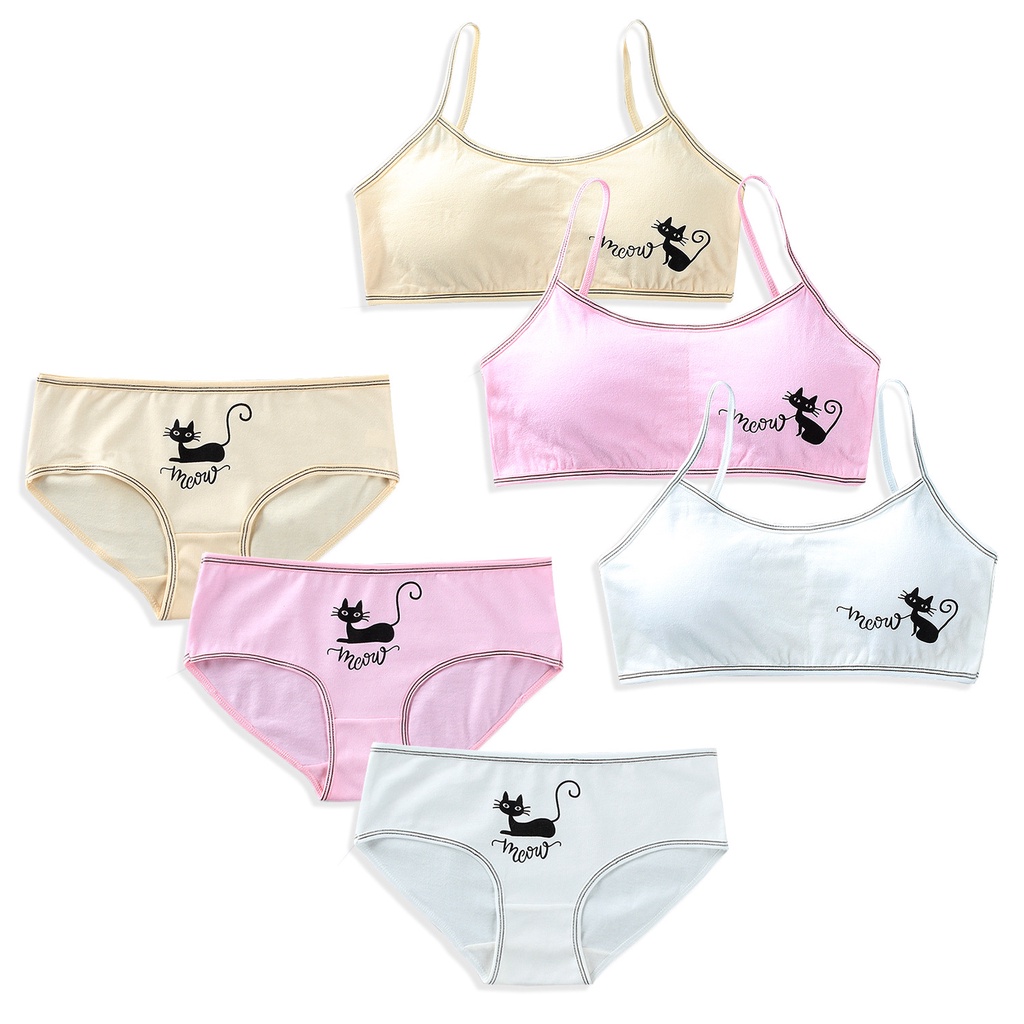 Girl Training Bra With Panties Set 8 16y Teenage Cotton Cartoon Cat