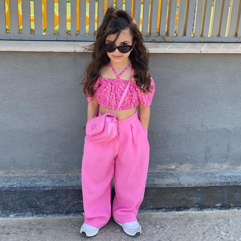 Girls' Pants Suit 2022 Halter Neck One-Shoulder Pleated Puff Sleeve ...