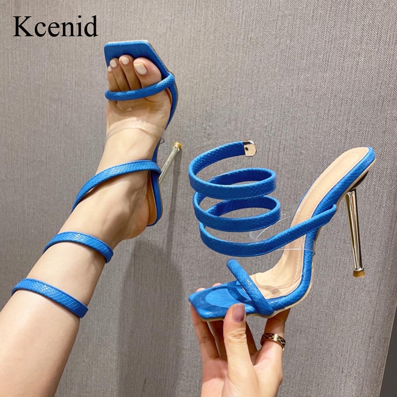 ~Kcenid Blue Gladiator Sandals Women Square Toe Ankle Wrap High Heels ...