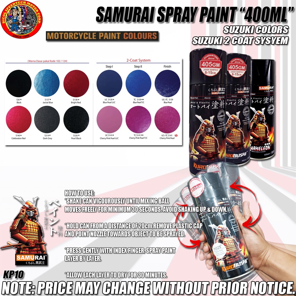 SAMURAI SPRAY PAINT "400ML" SUZUKI COLORS & 2 COAT SYSTEM (KP10Z, KP11 ...