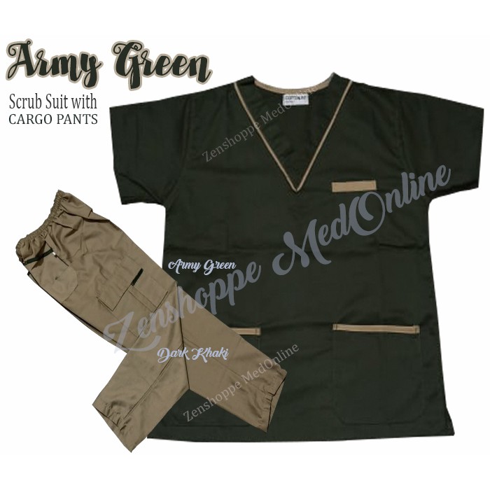 Scrub Suit Set with Piping & Cargo Pants (Army Green) [LCC] | Shopee ...