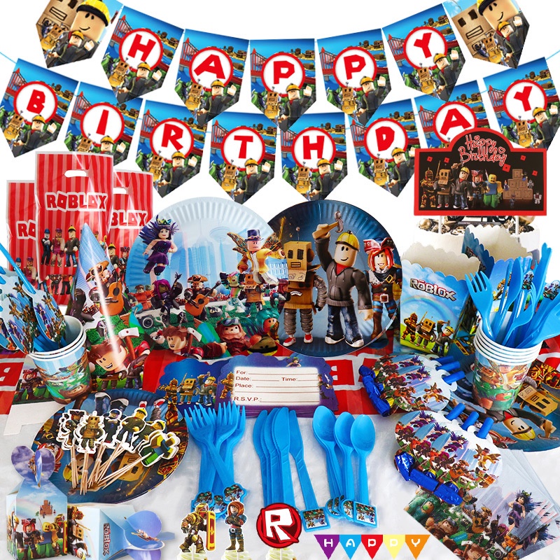 Roblox Birthday Decorations Happy Birthday Banner Disposable Tableware ...