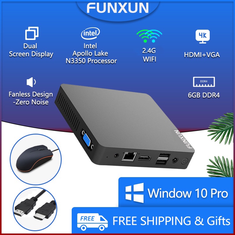 FUNXUN Mini PC Windows 10 Pro 6GB RAM Desktop Computer Dual WiFi Dual ...