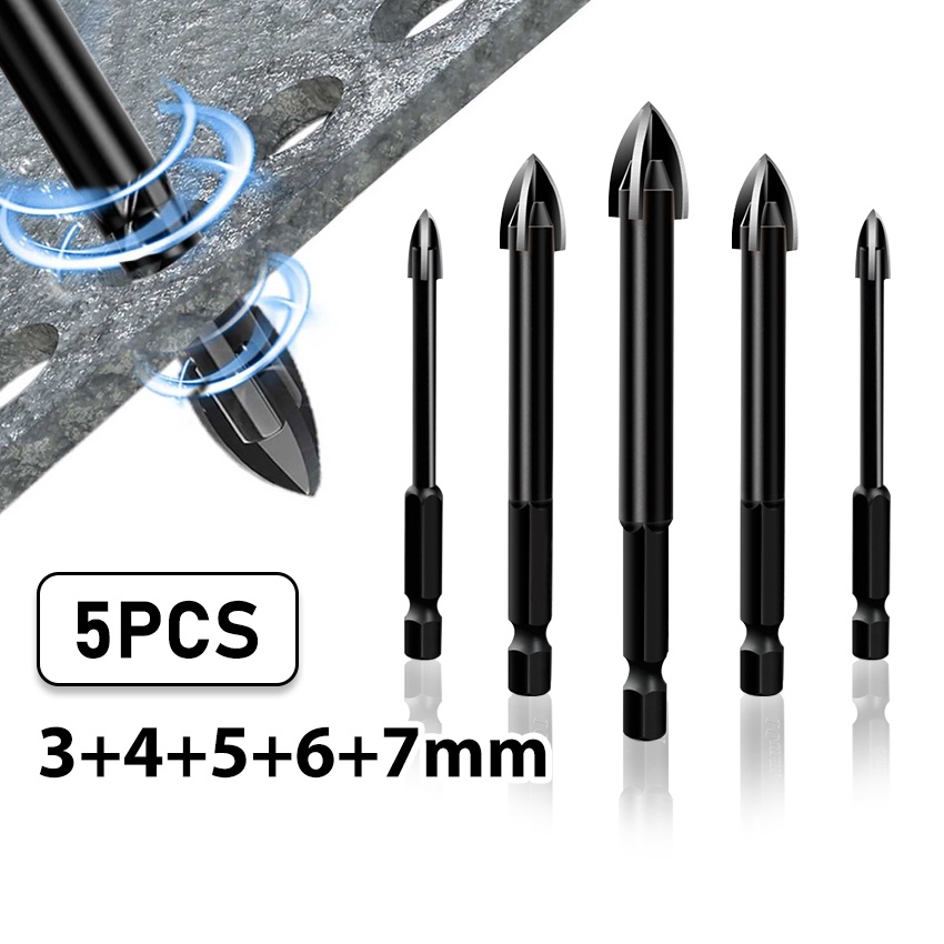 5PCS Triangular Drill Bit Set 3-7mm for Ceramics Marble Tiles Thin Iron ...