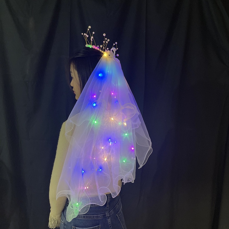 Double-layer LED Lighting Veil Crown Bowknot Pearl Lighted Birthday ...