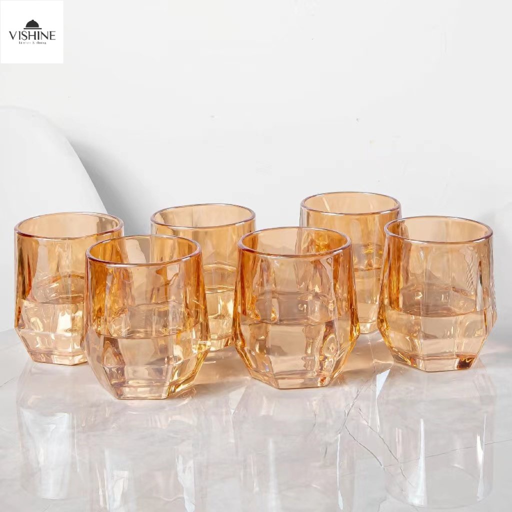 6pcs Hexagonal Diamond Cup Amber Color Glass Cups Whisky Glass Cups ...