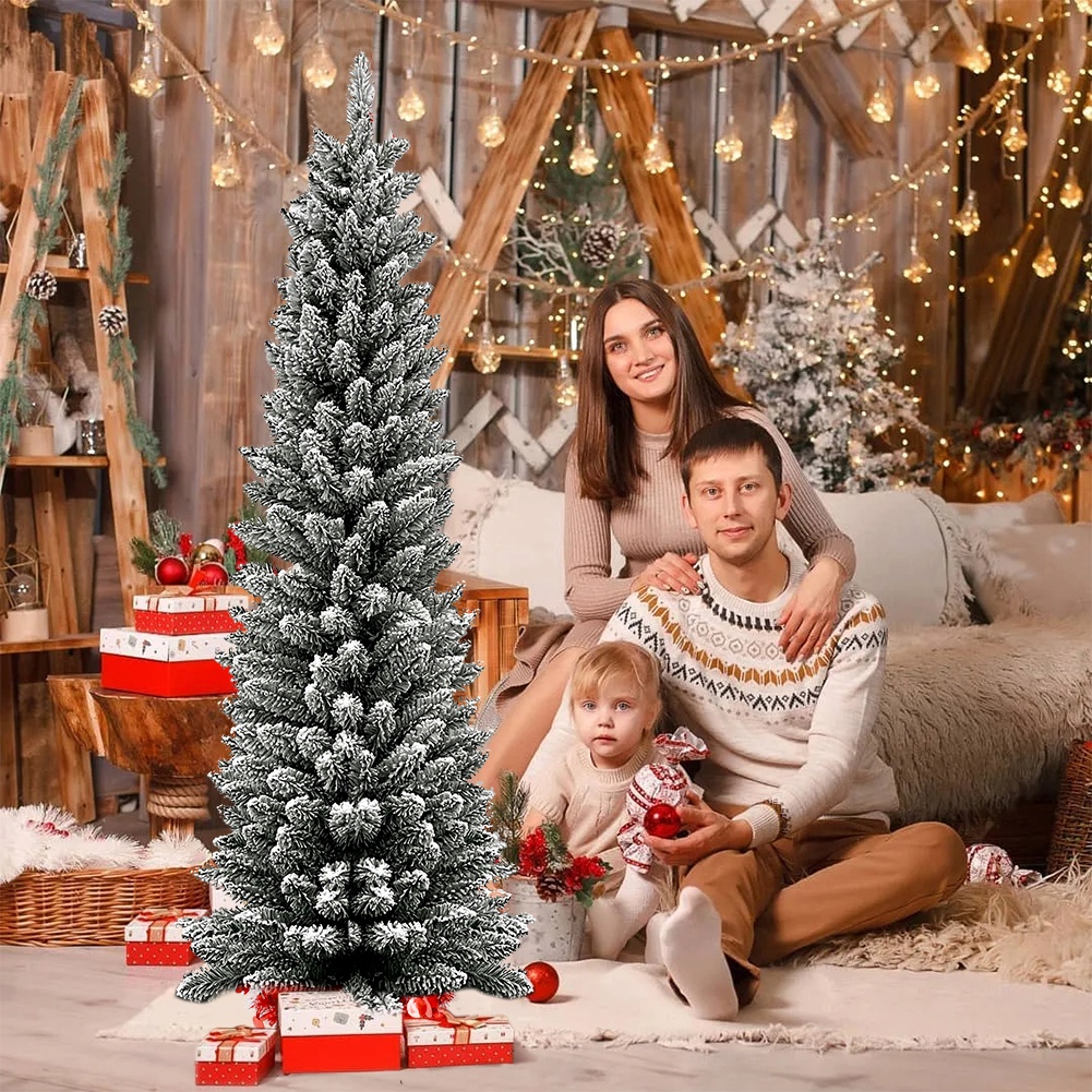 Snow Flocking Hinged Artificial Christmas Pencil Tree Premium PVC Leaf ...