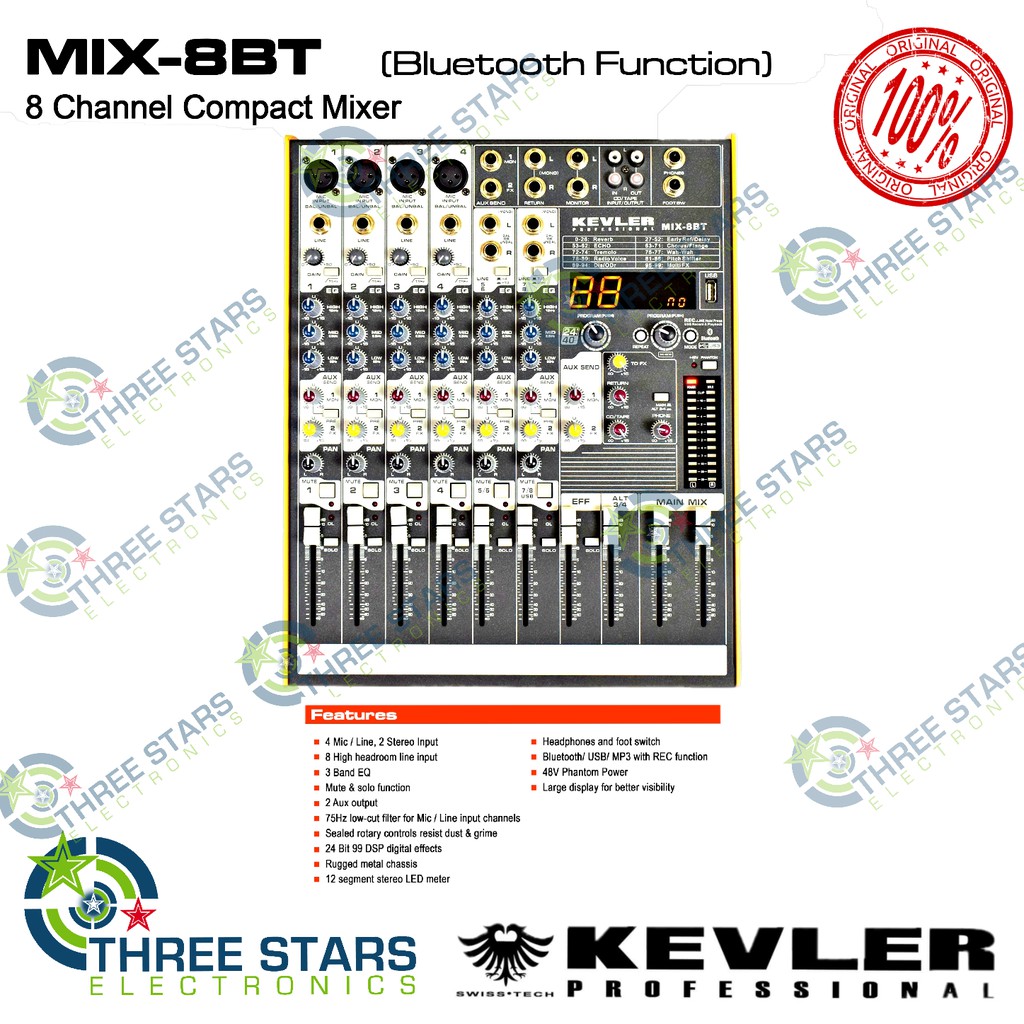 Kevler MIX-8BT Professional Mixer with 8 Channel 4 Mic / Line 2 Aux ...