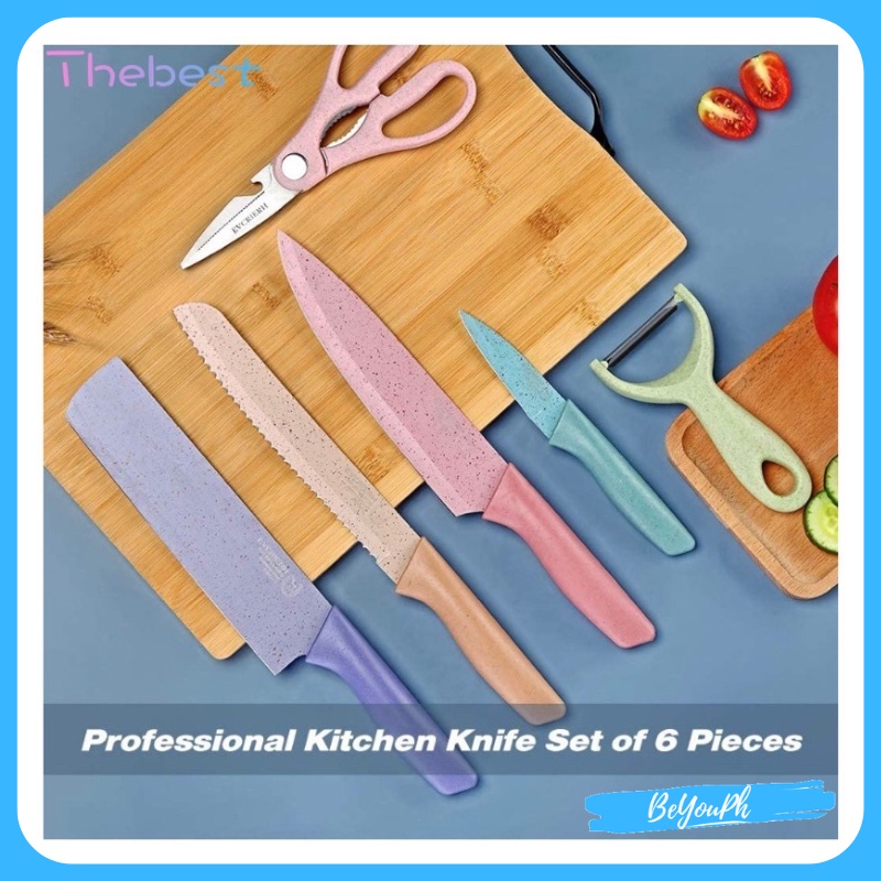 Kitchen Knife Set 6 PCS Pastel Colors Stainless Steel Chef Knife Bread ...