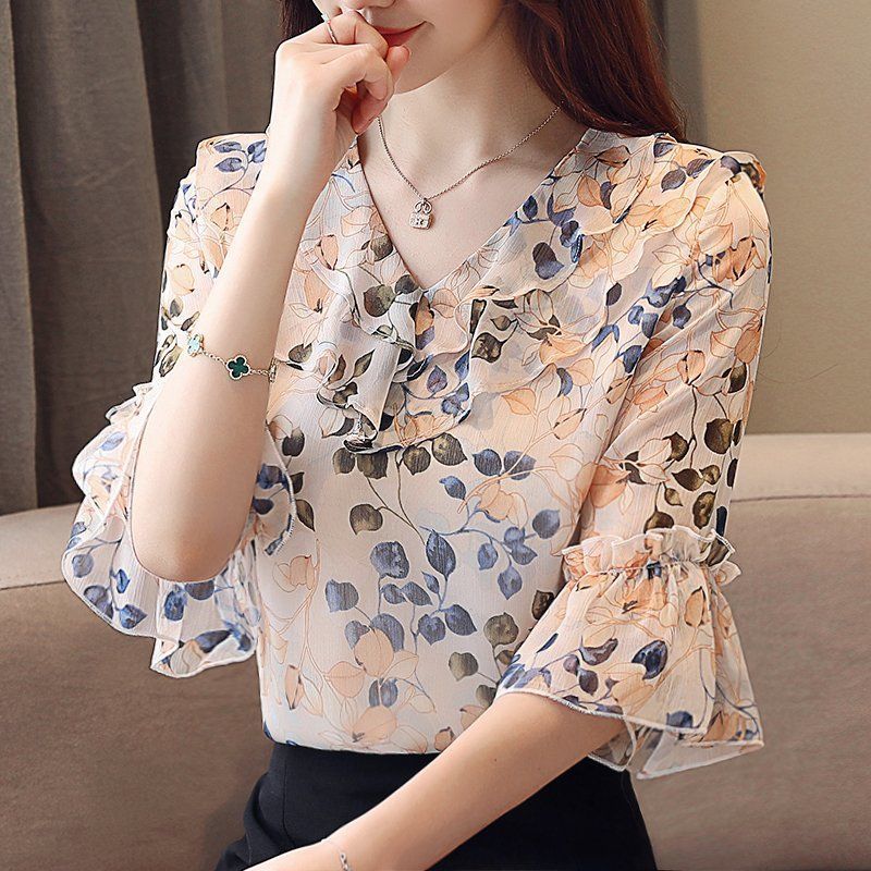 Plus' Size Womens Blouse Flared Sleeve V-neck Floral Chiffon Top ...