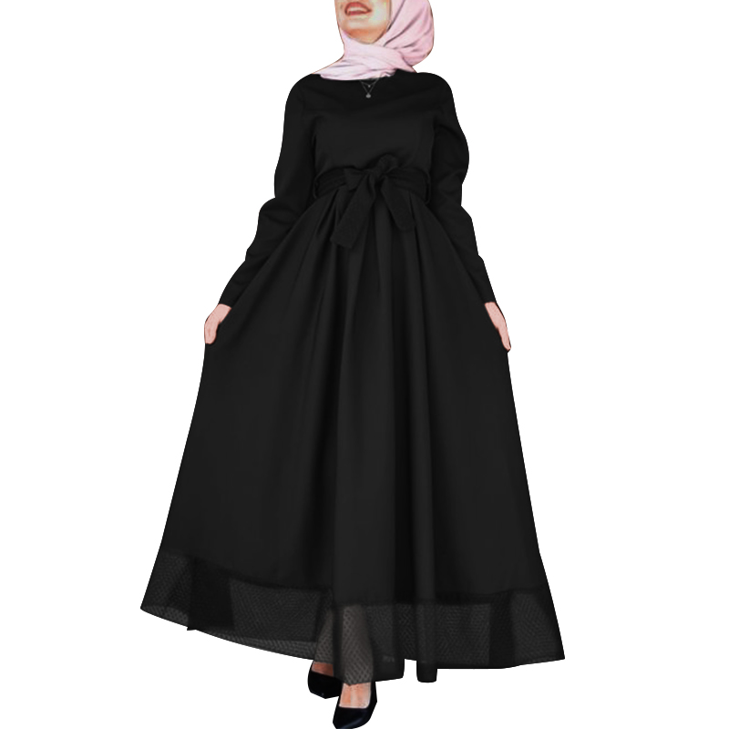 Zanzea Women Lace Patchwork Mesh Layers Big Swing Muslim Maxi Dress