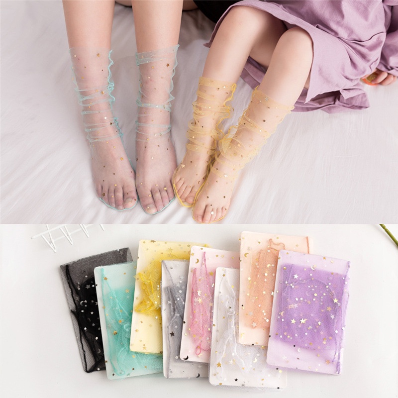 Mesh Lace Ruffle Dress Tulle Sheer Socks Glitter Star Kids Girls Cute ...
