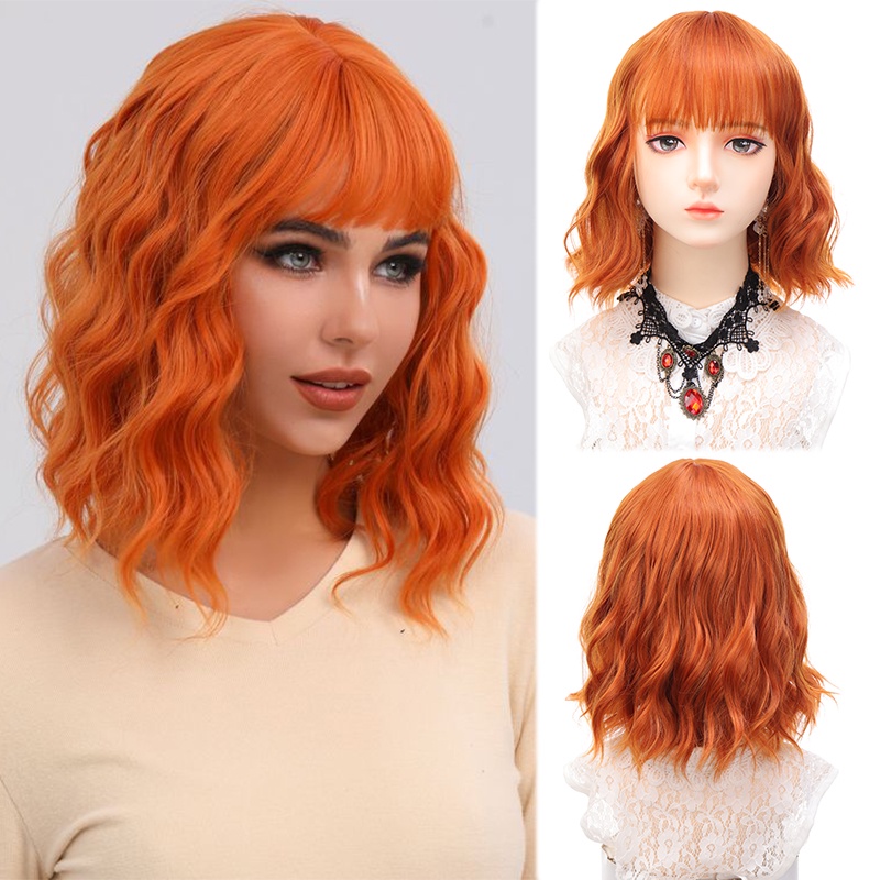 Synthetic Short Wavy Bob Wig With Bangs Orange Woman Wig Cosplay Wine ...