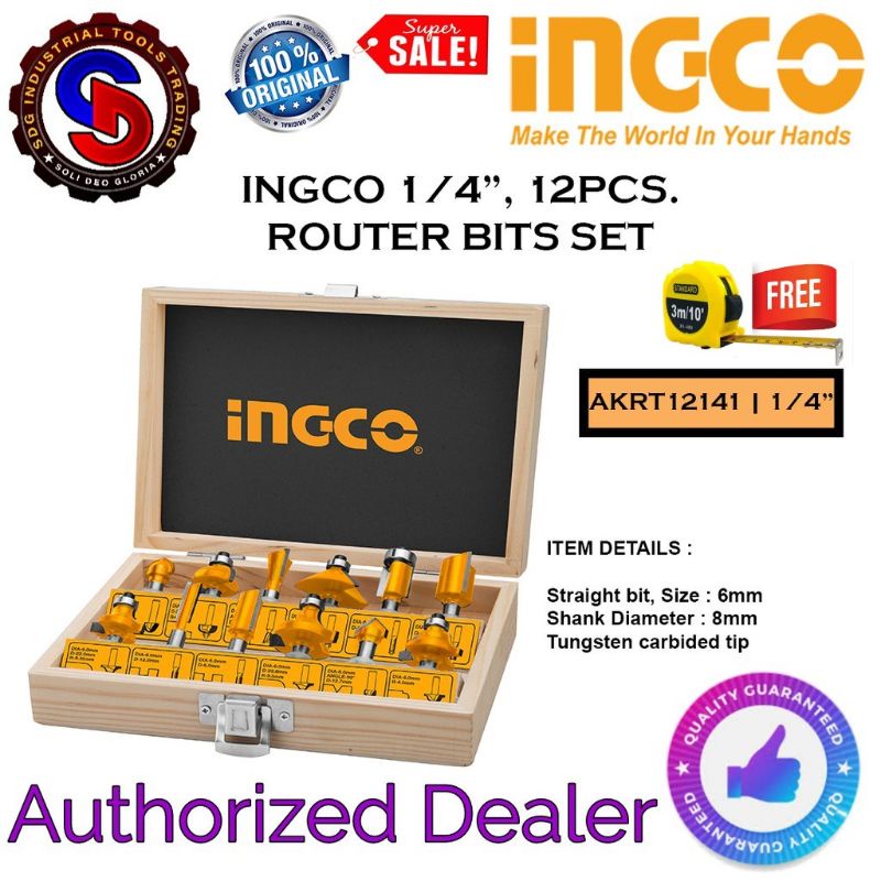 INGCO 1/4" or 1/2", 12 pcs. Router Bits Set (AKRT12141 / AKRT12121)with ...