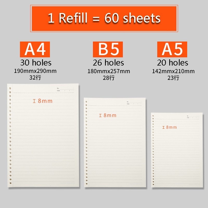 Loose Leaf Refill Binder Notebook A4/B5/A5 Replacable Metal Ring Planner Bullet Blank/Line/Grid ...