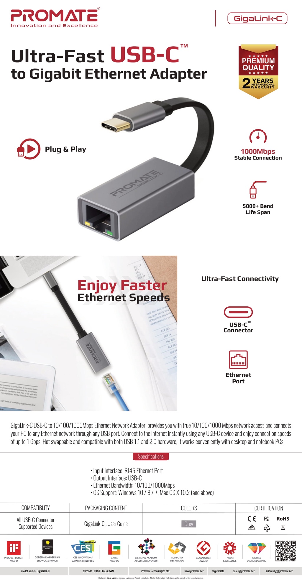 Promate GigaLink-C Ultra-Fast USB-C to Gigabit Ethernet Adapter ...