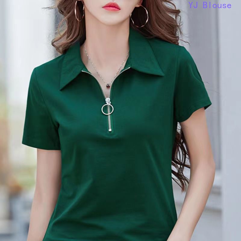 short sleeve Green polo formal blouse for women plus size,Lapel loose V ...