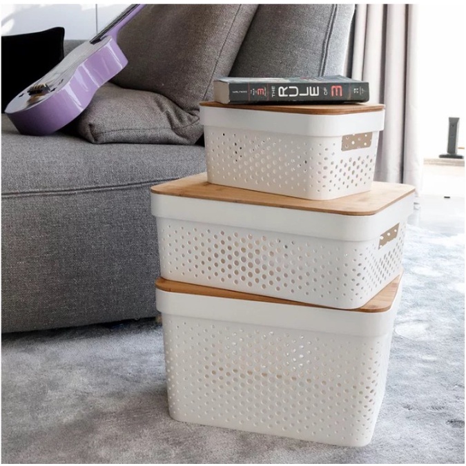 Chic Organizer Storage Basket with wood Bamboo Cover Nordic | Shopee ...