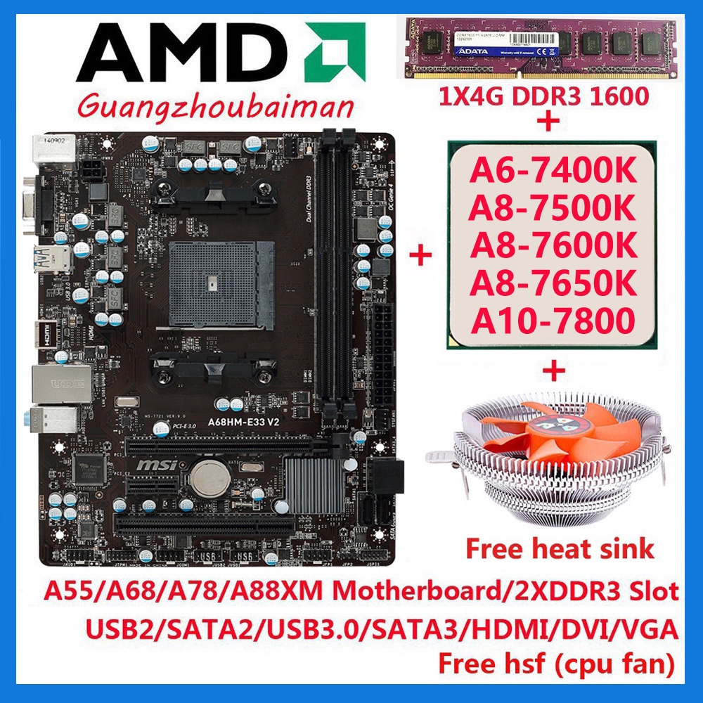 bundle fm2b A8 A6 A4 processor with CPU heat sink and AMD FM2+ A55 A68 A78 A88x A68HM ...