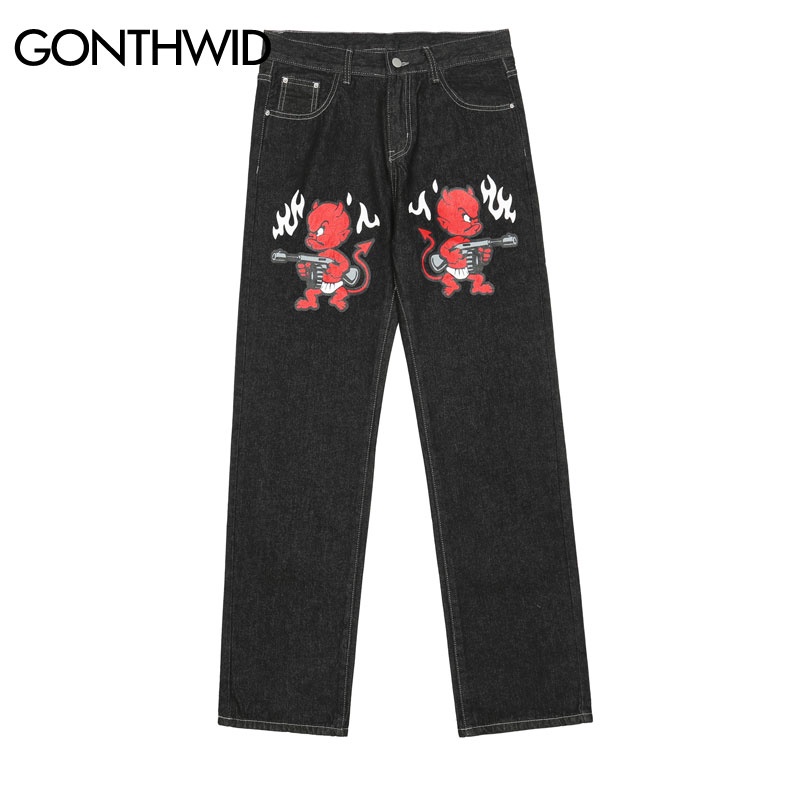 Hip Hop Mens Black Jeans Streetwear Devil Print Punk Gothic Baggy Denim ...