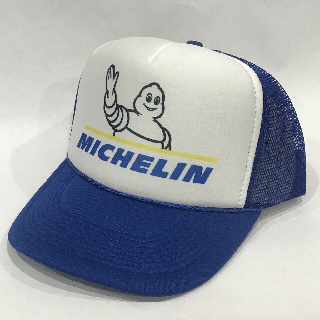 Michelin Man Tire Trucker Hat Vintage Snapback Blue Mesh Cap Script ...