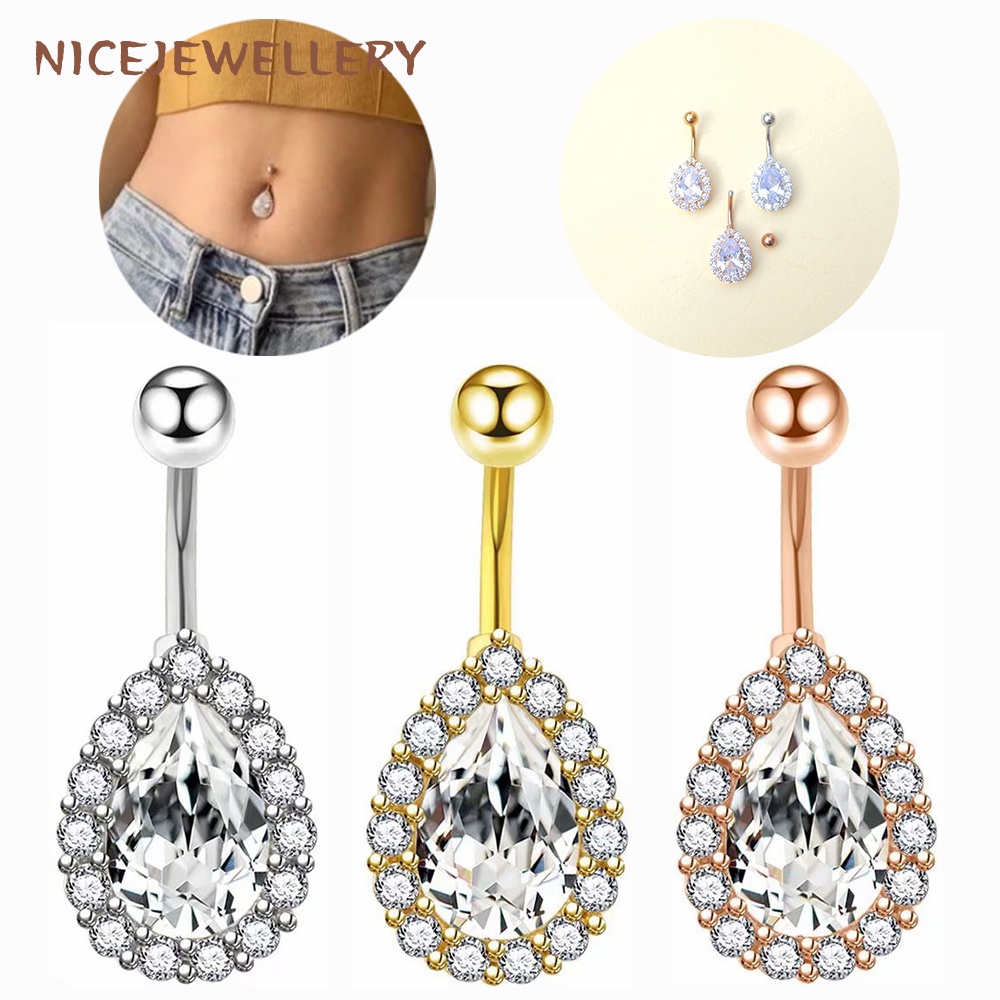 Crystal Belly Button Rings Stainless Steel Navel Rings 14G Rose Gold Belly Piercings Waterdrop ...