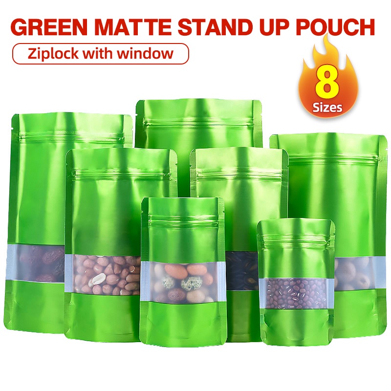 100pcs Green Matte Stand Up Pouch with Window Cookies Coffee Packaging ...