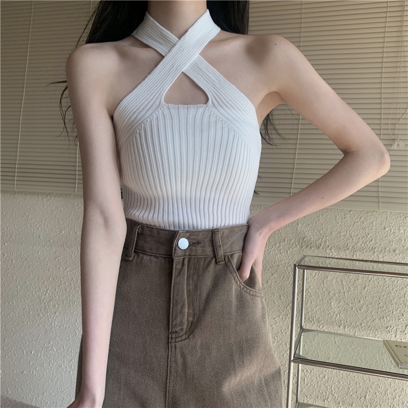 Women Knitted Close-fitting Halter Neck Sleeveless Vest Crop Top ...