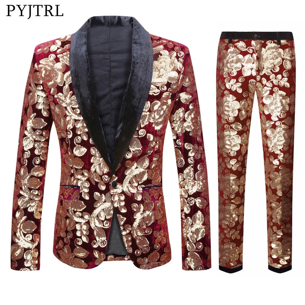 [Quality Ready Stock] Men's Dress Burgundy Velvet Sequin Suit Clothing ...