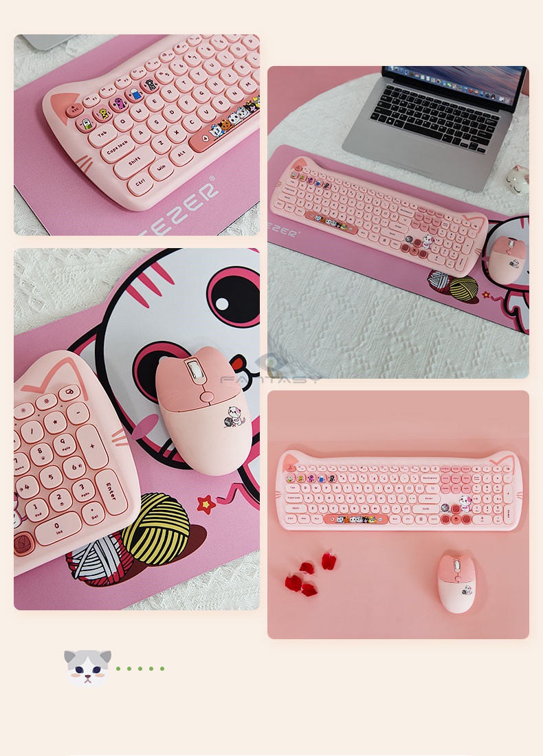 MOFii GEEZER Kitty Cat PLUS Super Cute Wireless Keyboard and Mouse Set ...